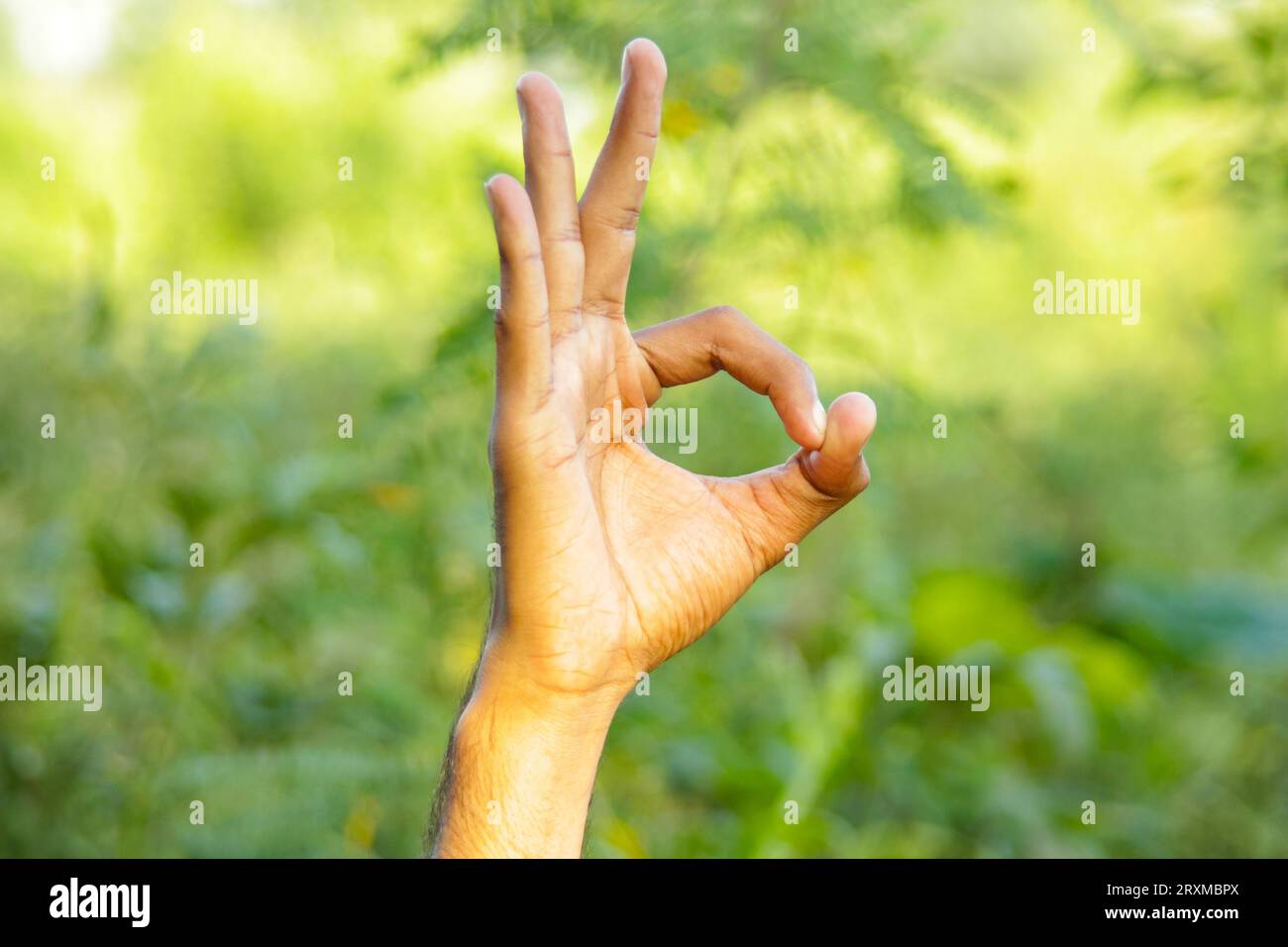 Men's Hand shows a hand sign of "OK", "all is well". Ok sign ...
