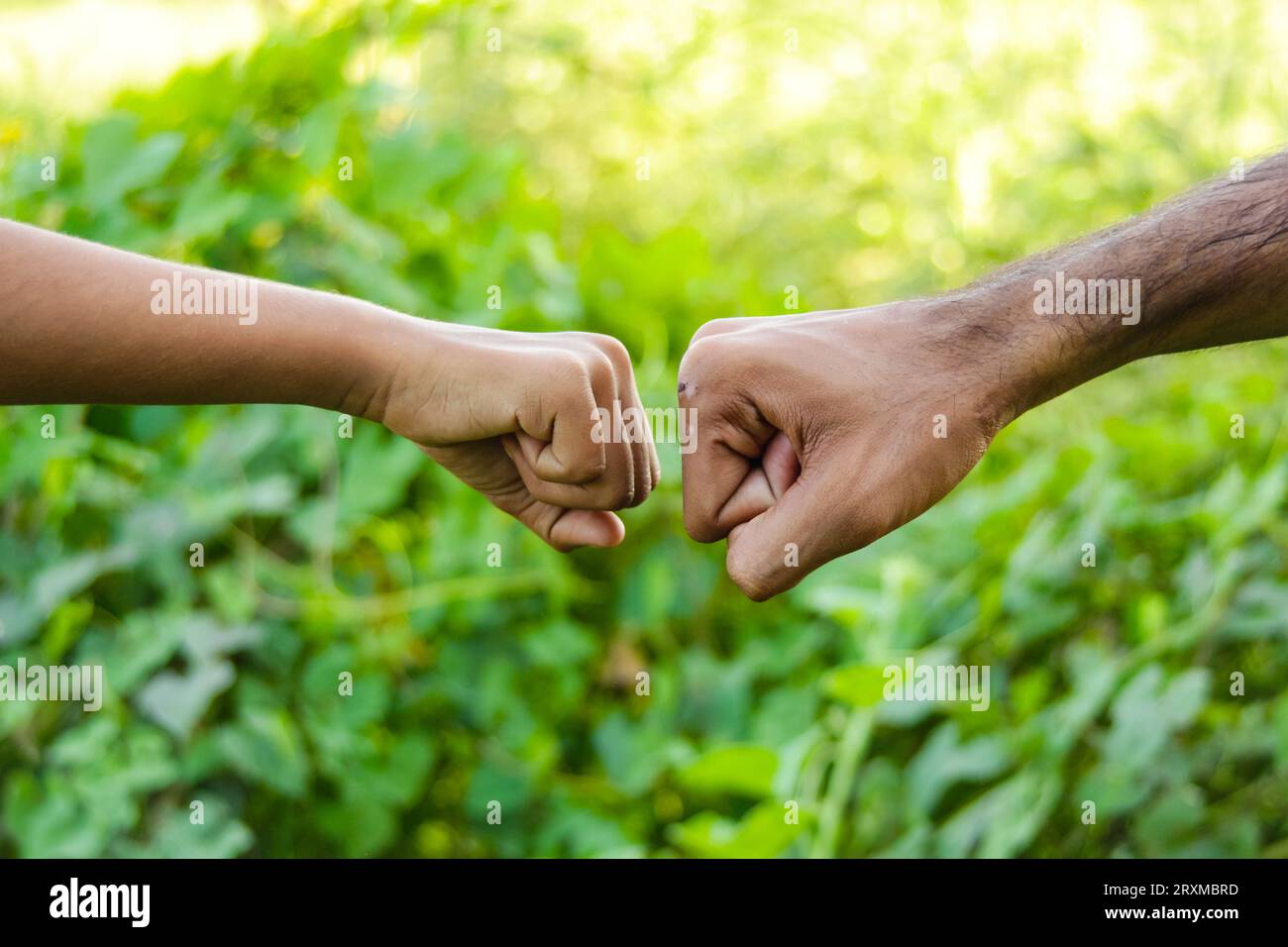 People giving a punch, fight for rights, friendly greeting. Asian girl ...