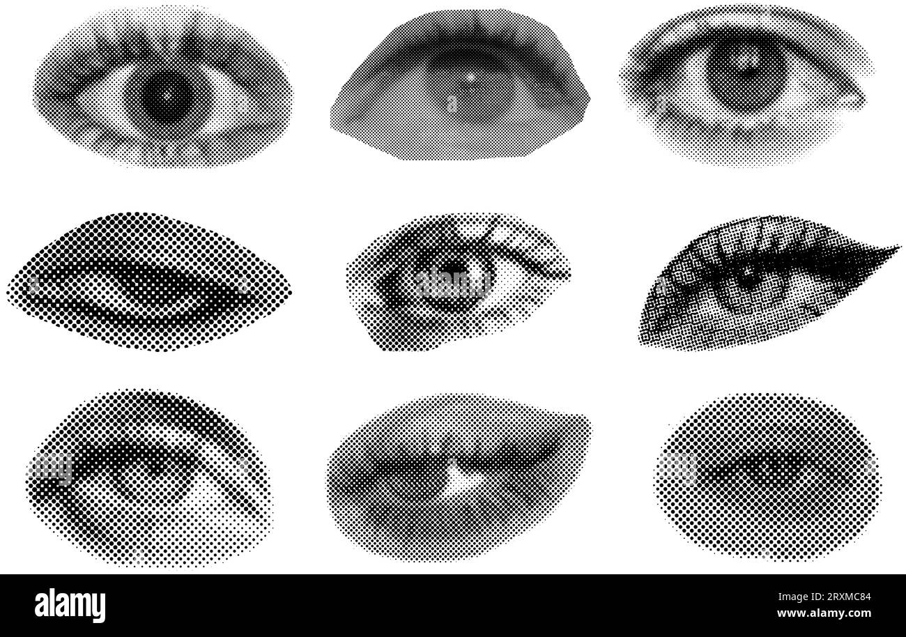 Set of halftone diferent female eyes. Dots texture. Contemporary style ...