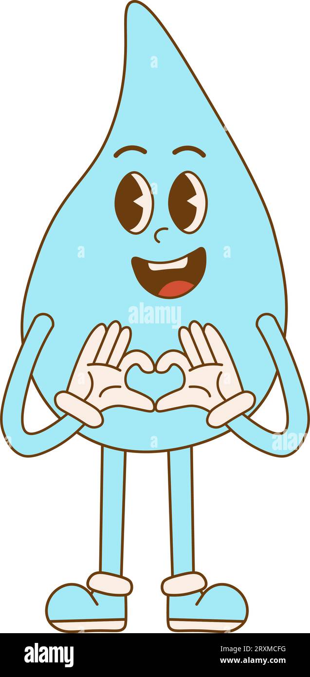 Cartoon cute drop water character in retro style. Vector ilustration ...