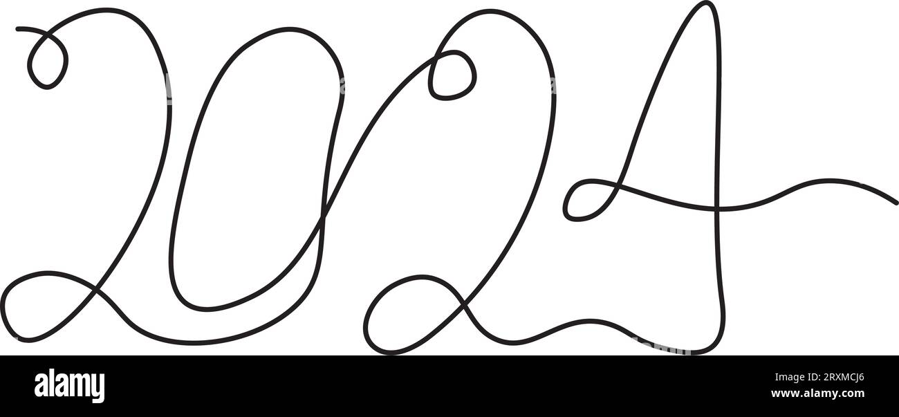 2024 continuous one line. Thin line art freehand font, single outline ...
