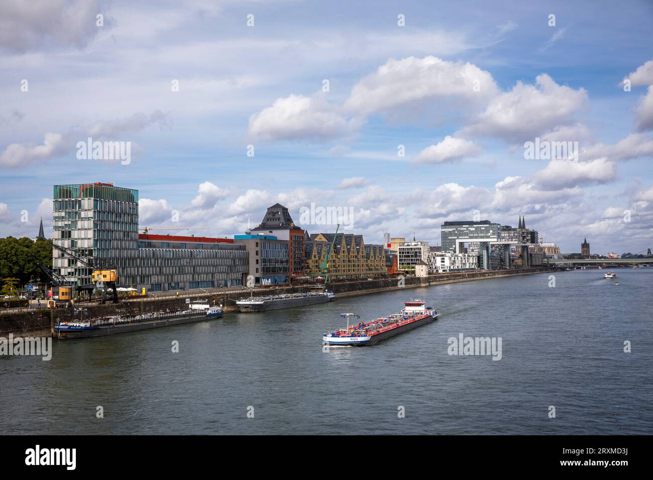the river Rhine promenade in the Rheinau harbor, Cologne, Germany. die ...