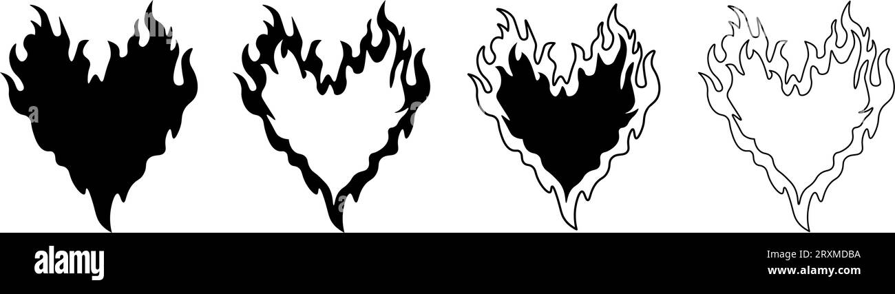 Burning hearts set. Heart silhouette with fire, blazing love pictogram ...