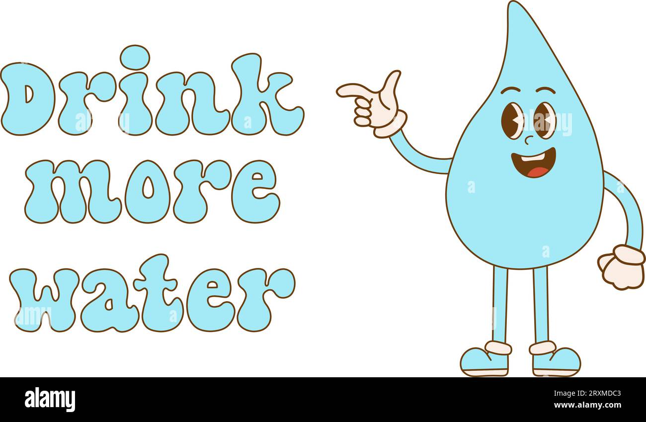 Concept drink more water. Cartoon cute drop water character in retro ...