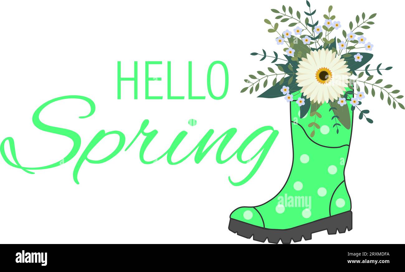 Cute bouquet in green rubber boots. Gardening boot with flowers. Spring ...