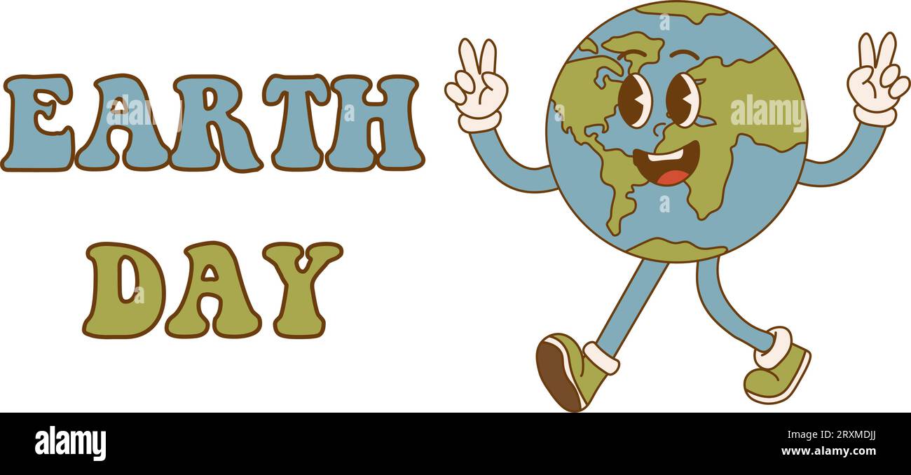 Earth Day. Cartoon cute earth planet character in retro style ...