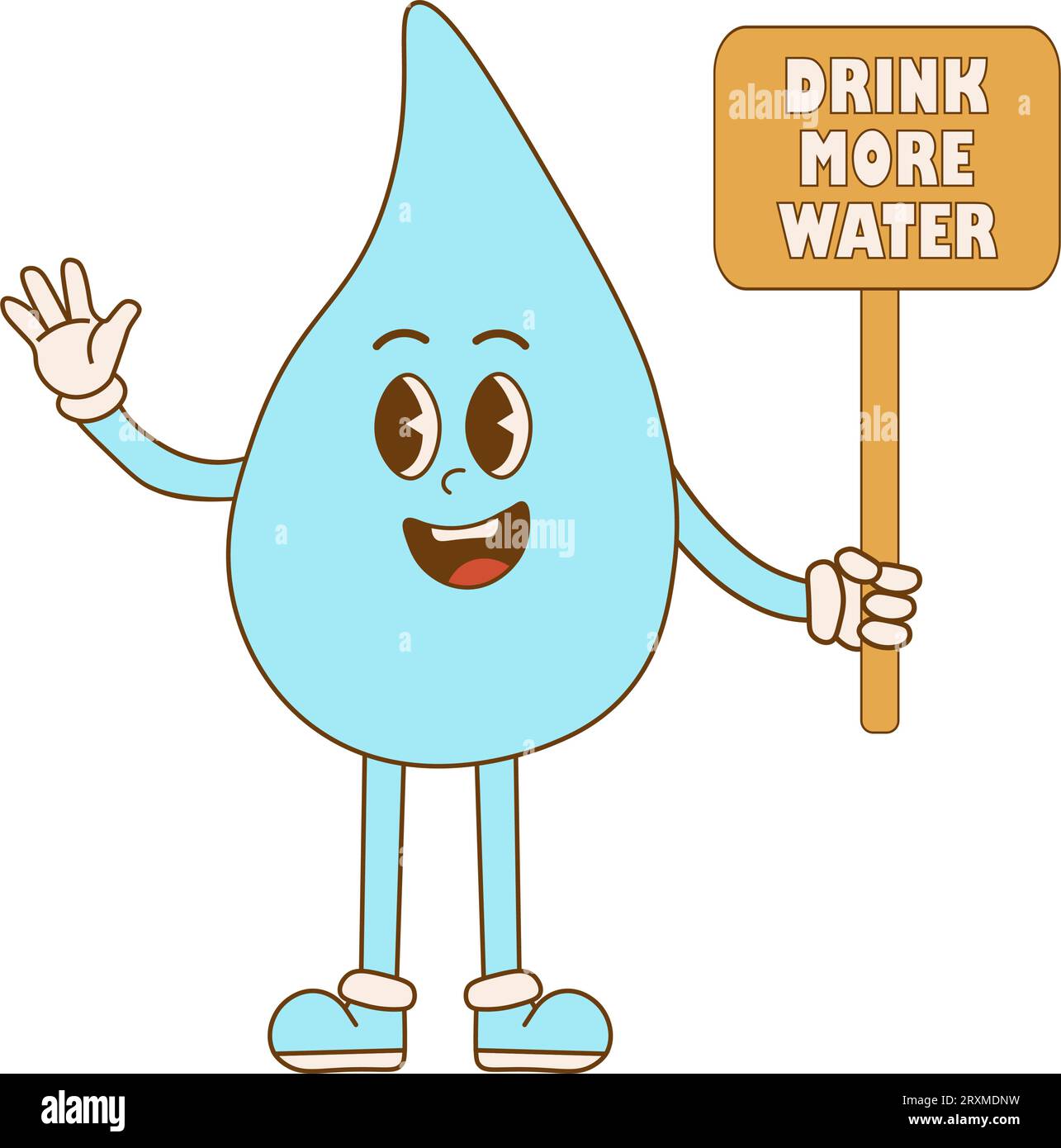 Concept drink more water. Cartoon cute drop water character in retro ...