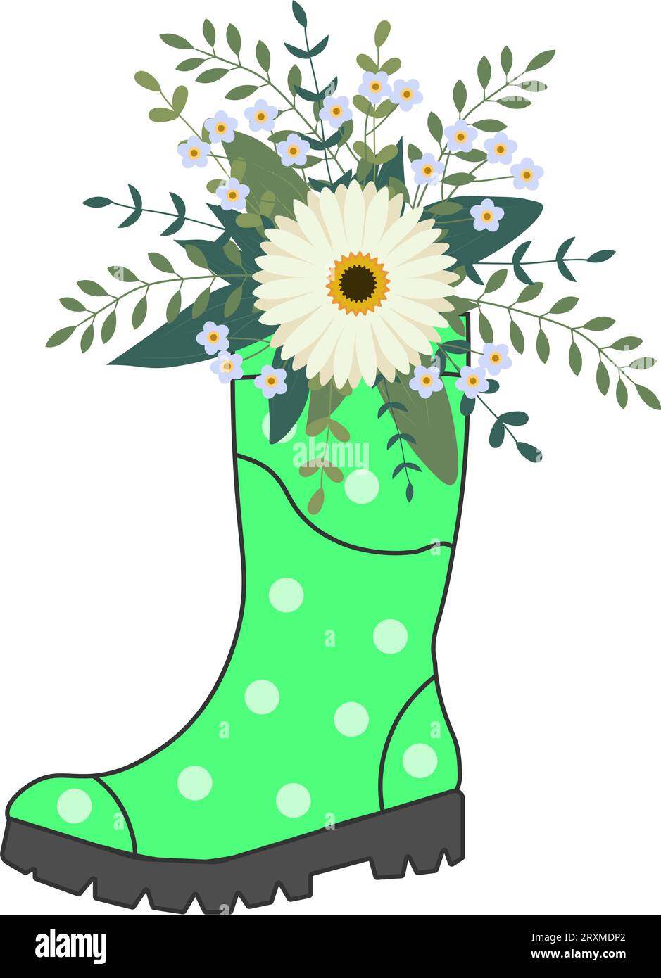 Cute bouquet in green rubber boots. Gardening boot with flowers. Spring ...