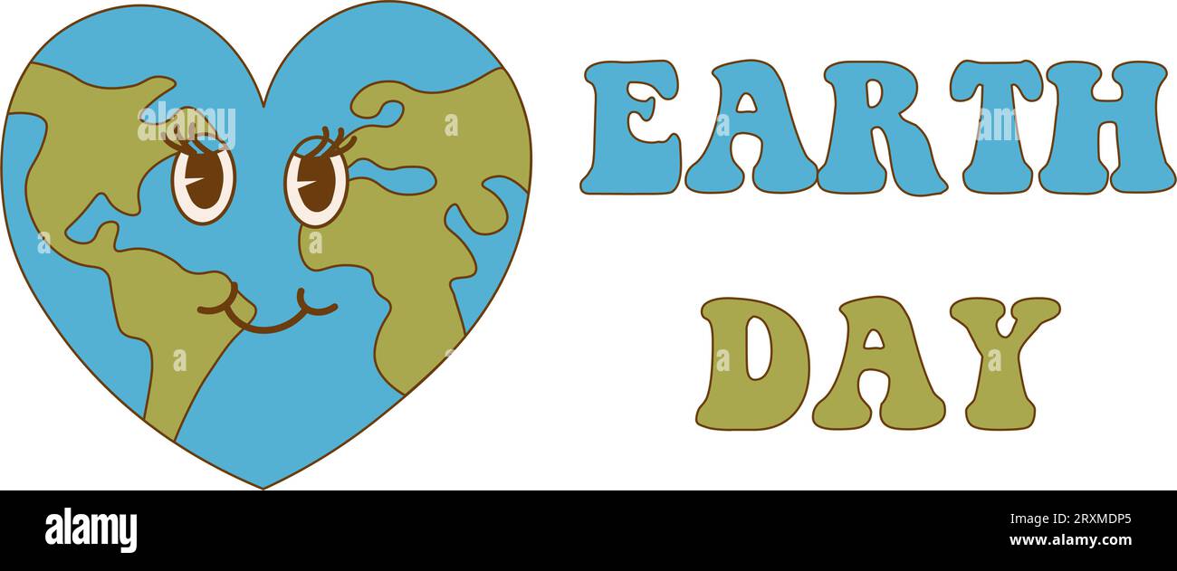 Earth Day. Cartoon cute earth planet character in retro style ...