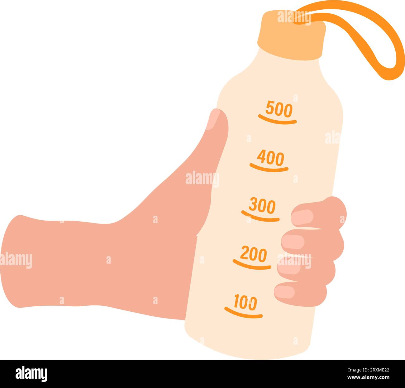 Drink more water. Cartoon water bottles in a female hand. Sports bottle ...