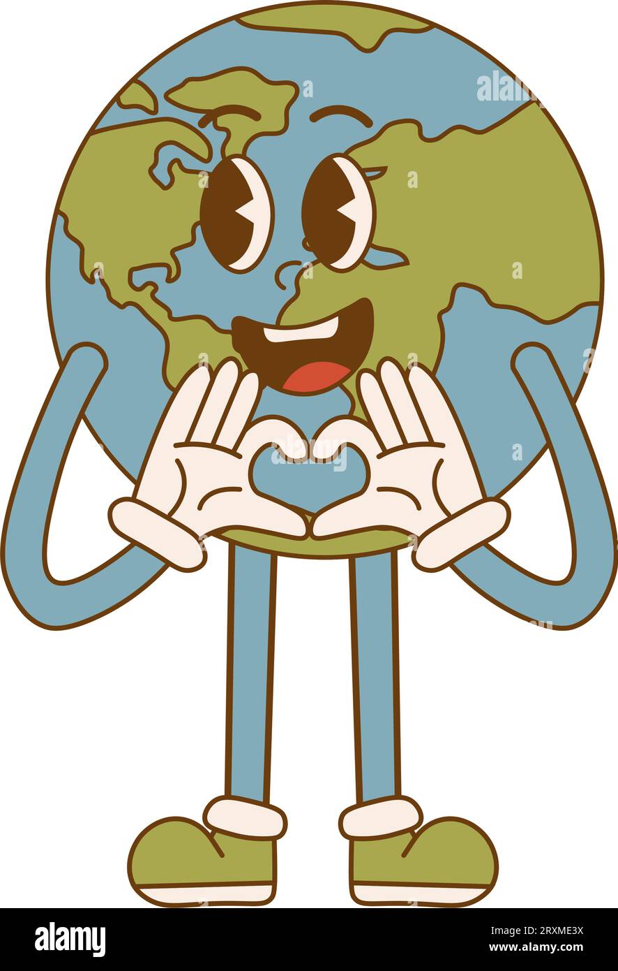 Earth Day. Cartoon cute earth planet character in retro style ...
