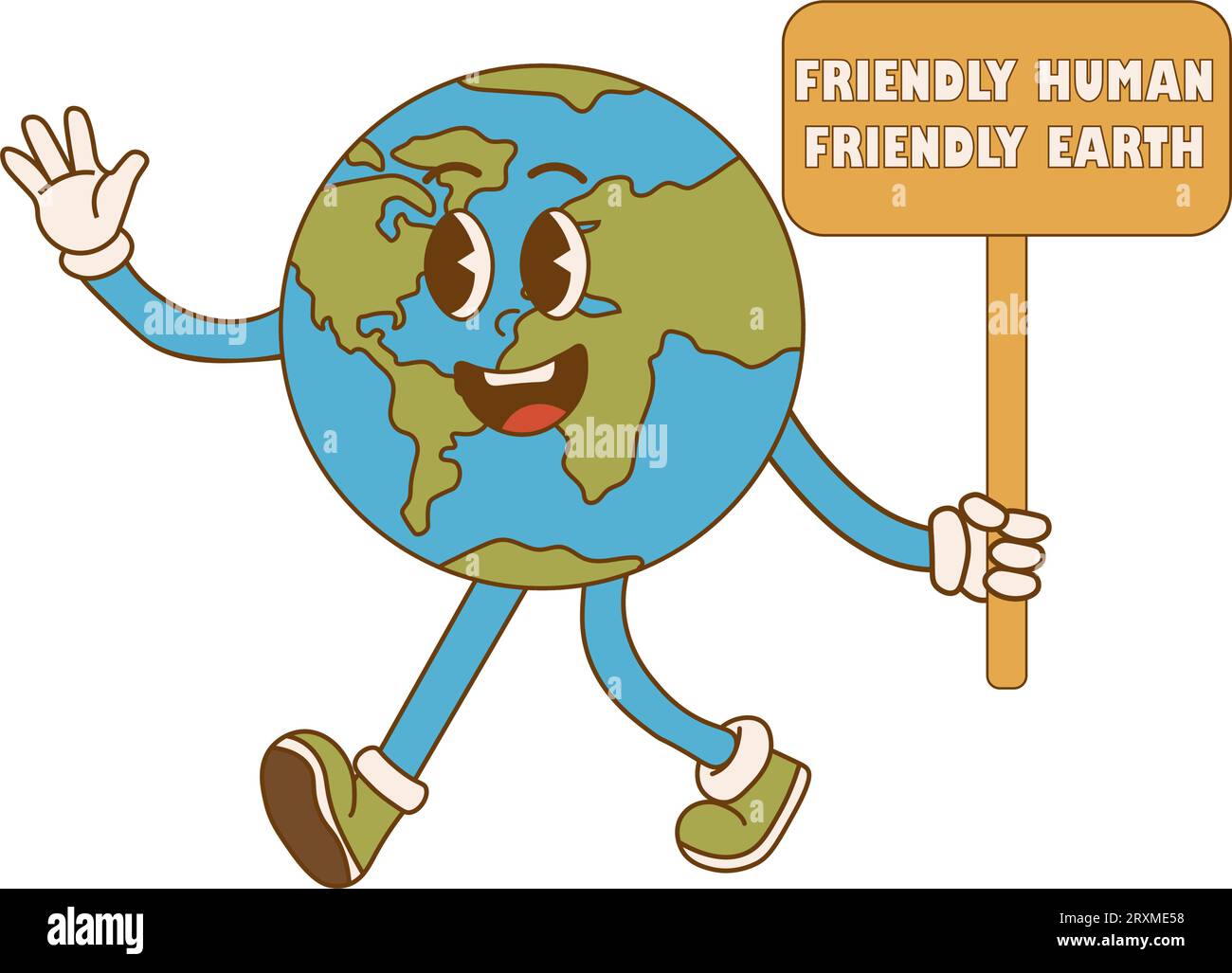 Earth Day. Cartoon cute earth planet character in retro style ...