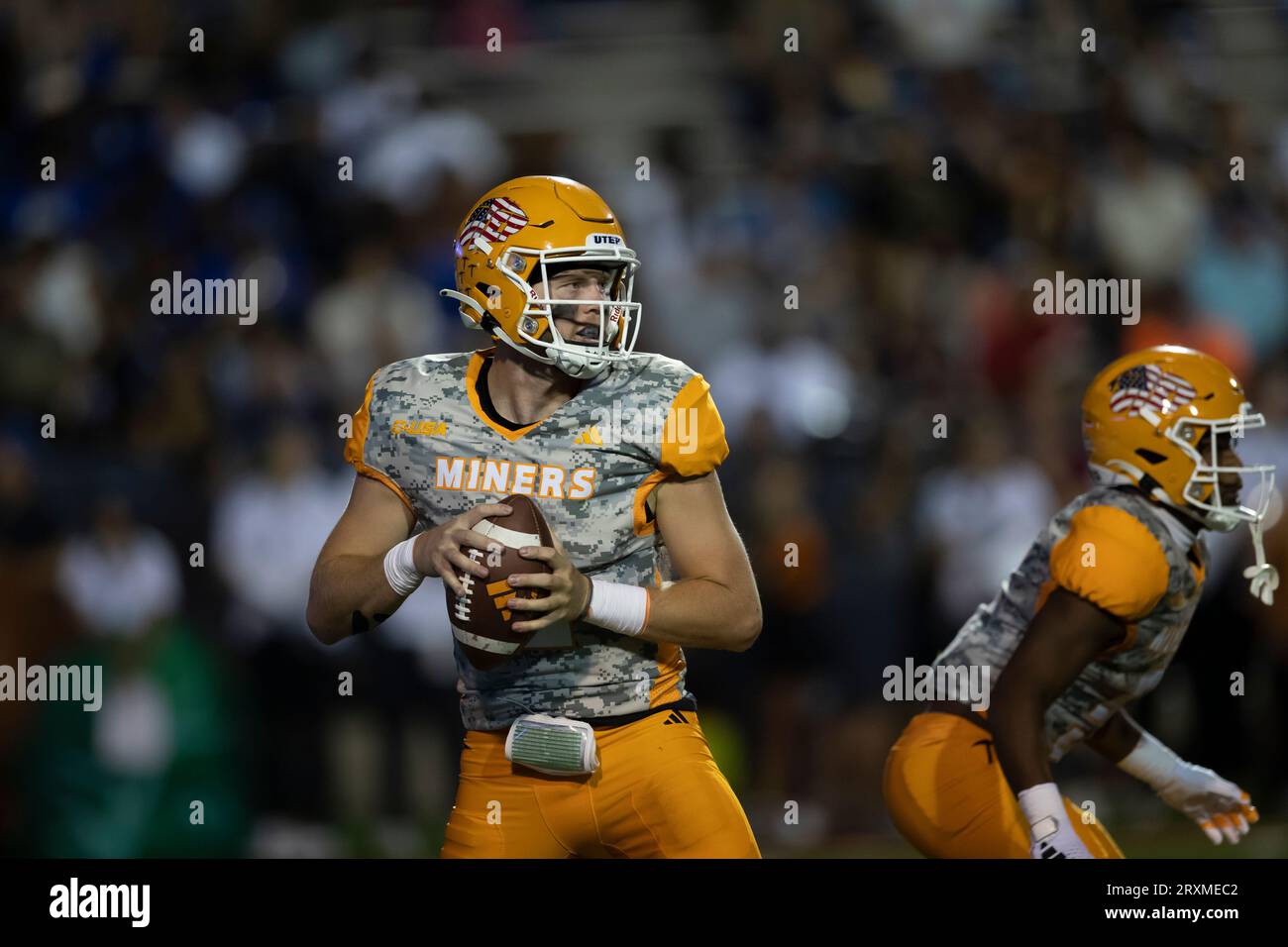 UTEP quarterback Gavin Hardison looks for an open receiver during an ...