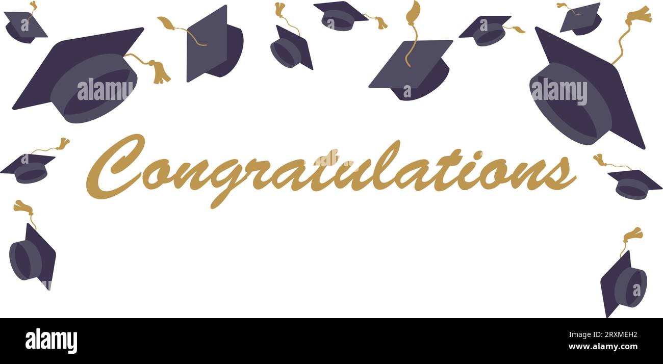 University mortarboards and word GRADUATION throwing tradition flat ...