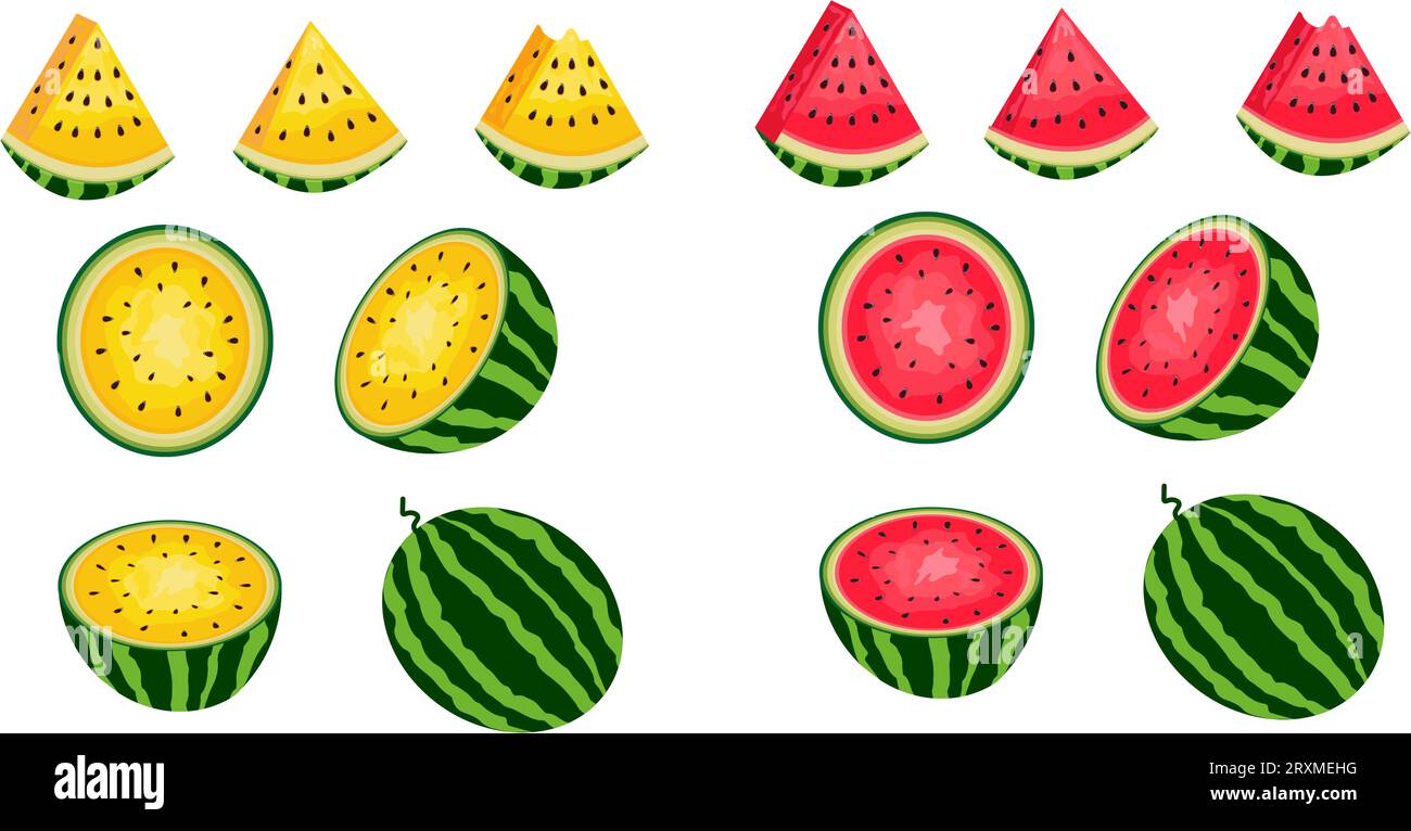 Fresh and juicy whole watermelons and slices.Set of ripe yellow and red ...