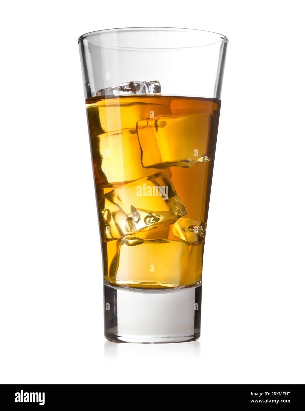 Scotch whiskey with ice cubes in elegant glass on white.background with ...