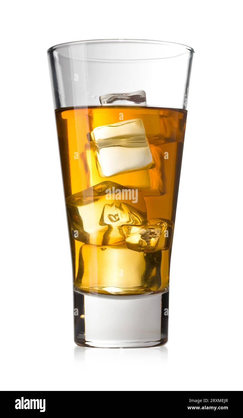 Scotch whiskey with ice cubes in elegant glass on white.background with ...
