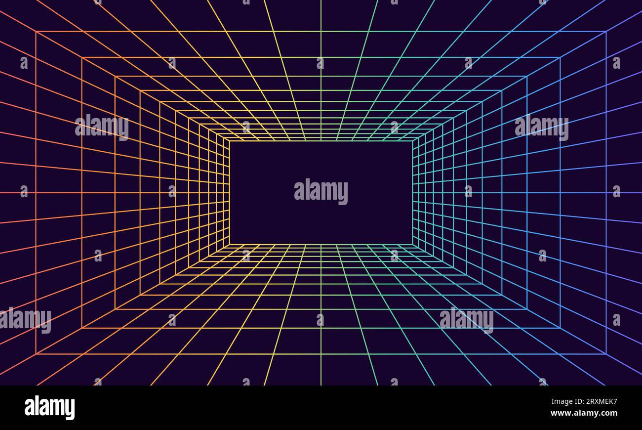Grid room in perspective in 3d style. Indoor wireframe from rainbow ...