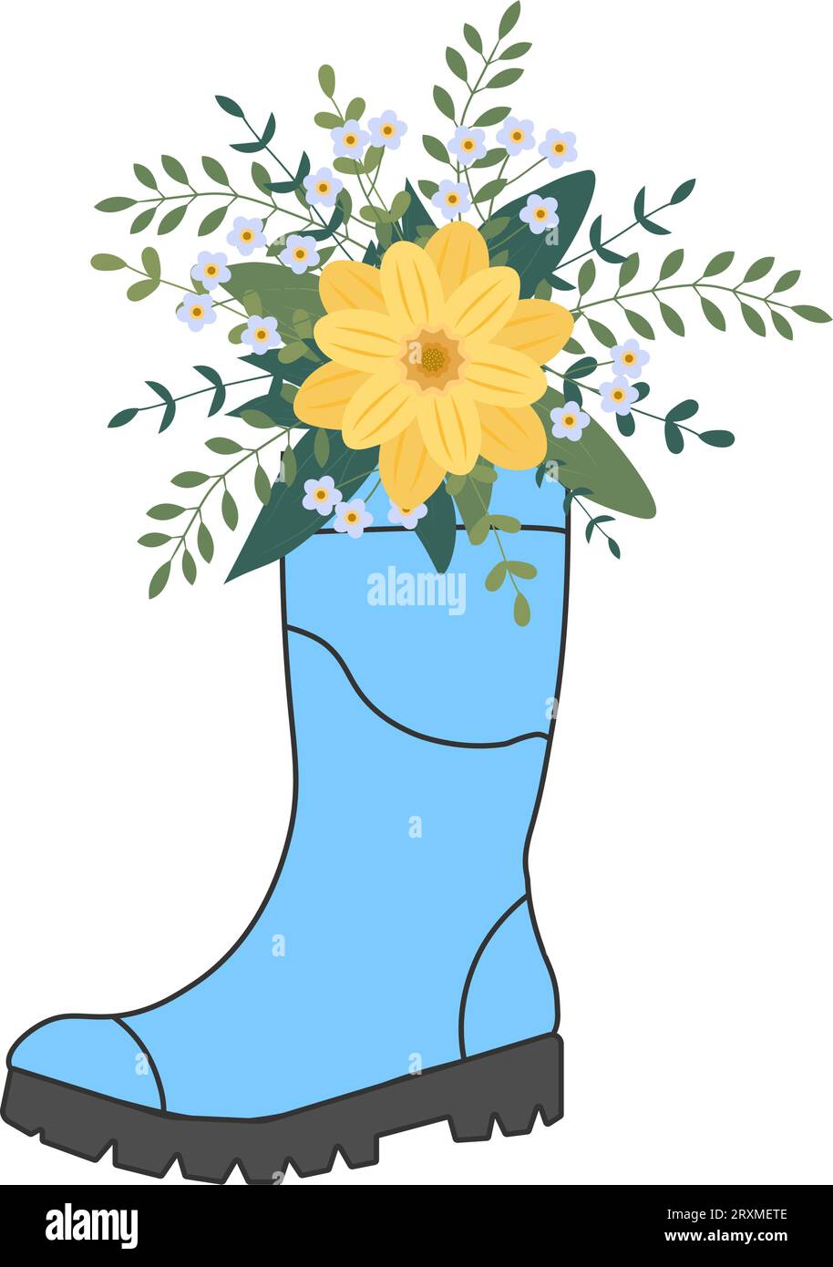 Cute bouquet in blue rubber boots. Gardening boot with flowers. Spring ...