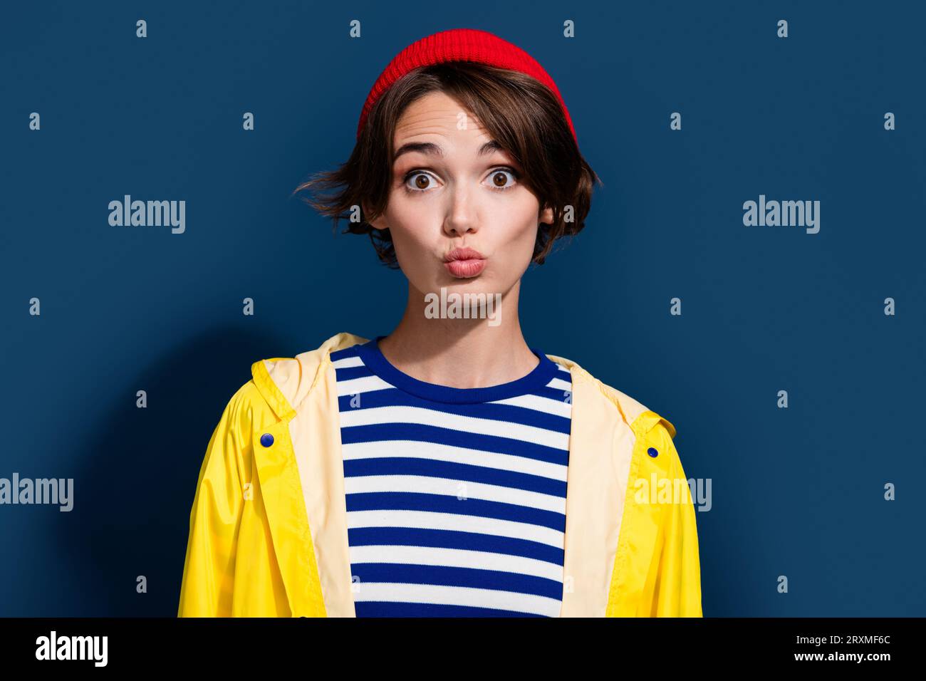 Photo of charming girlfriend youth hipster joking pouty lips sending ...