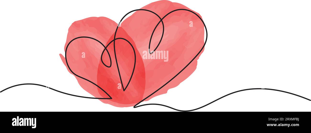 One Continuous line drawing of two hearts with red watercolor spots ...