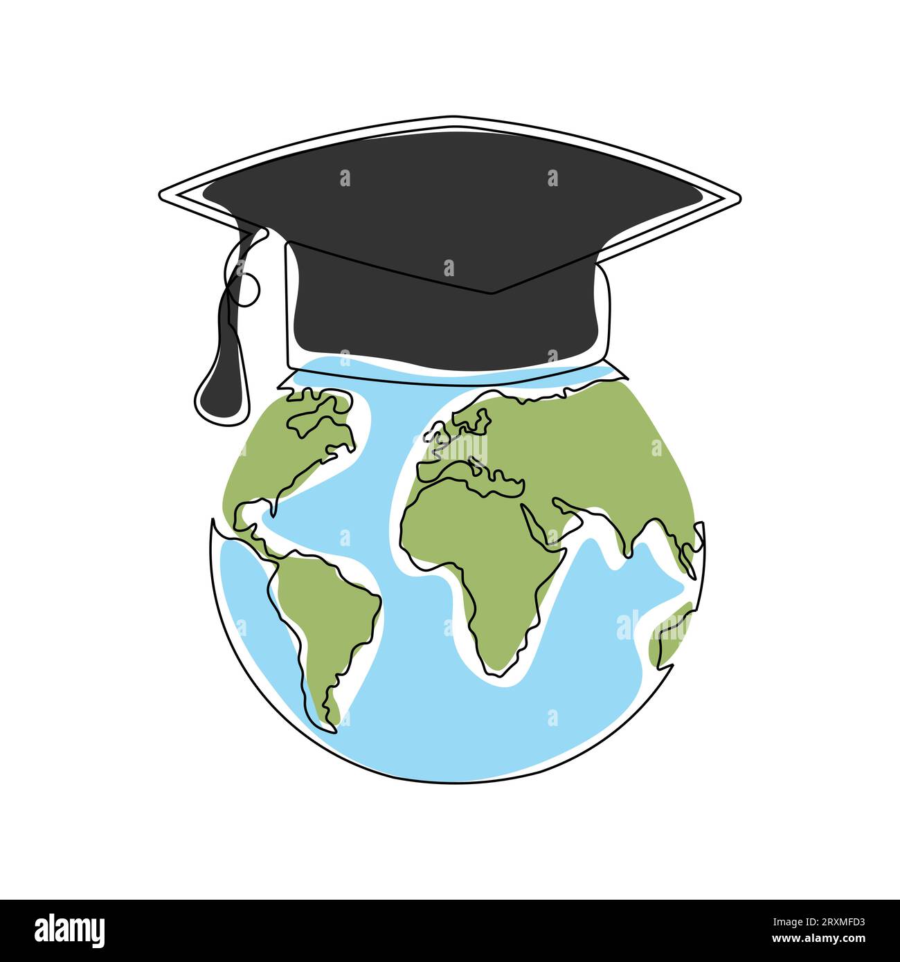 One continuous line drawing of Earth globe with graduation hat.World ...