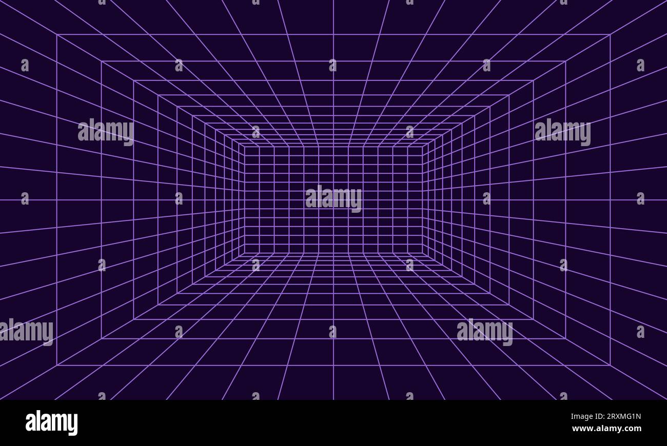 Grid room in perspective in 3d style. Indoor wireframe from violet ...