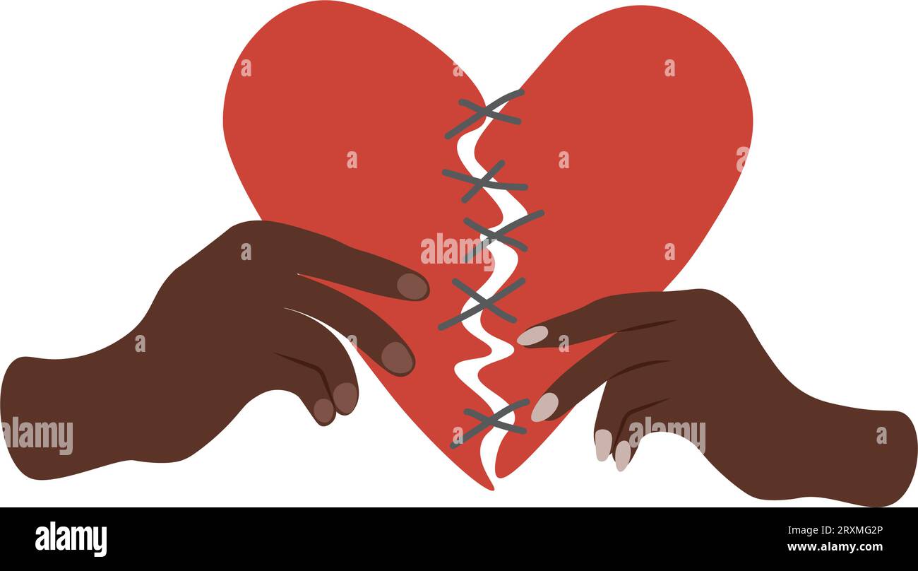 Red broken heart sewn with black threads in hands man and woman ...