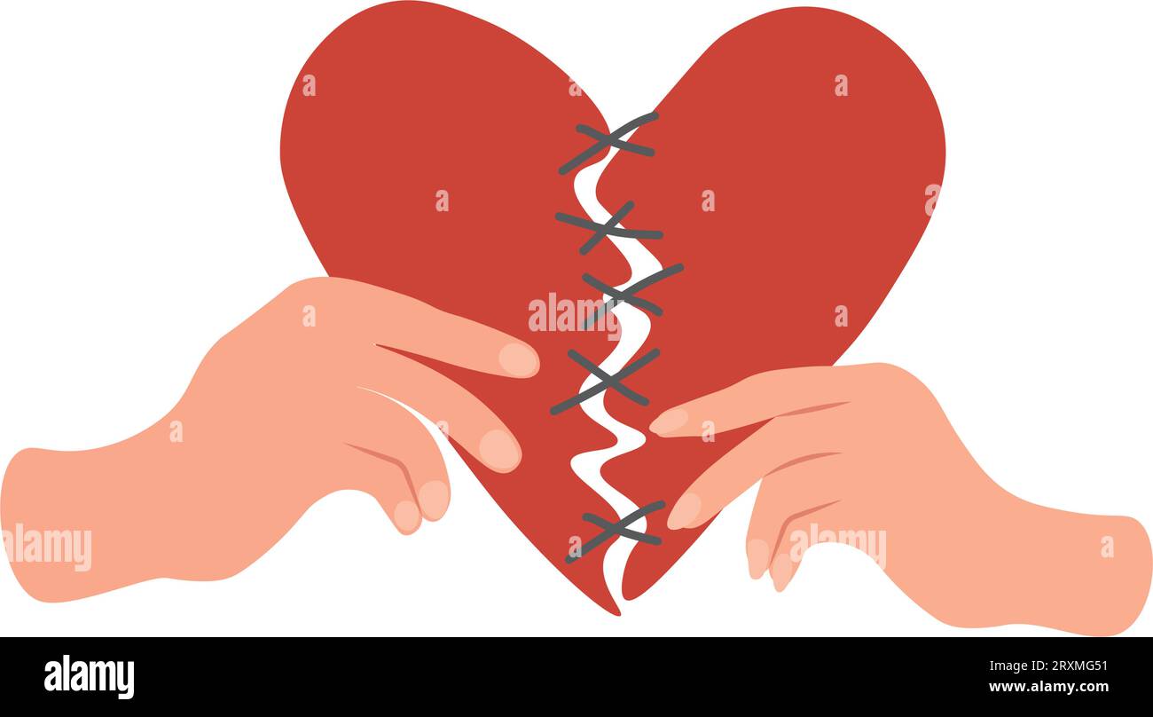 Red broken heart sewn with black threads in hands man and woman ...