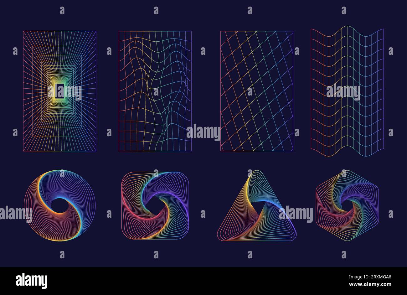 Set of abstract shapes and grids in rainbow color. Trendy retro 1980s ...
