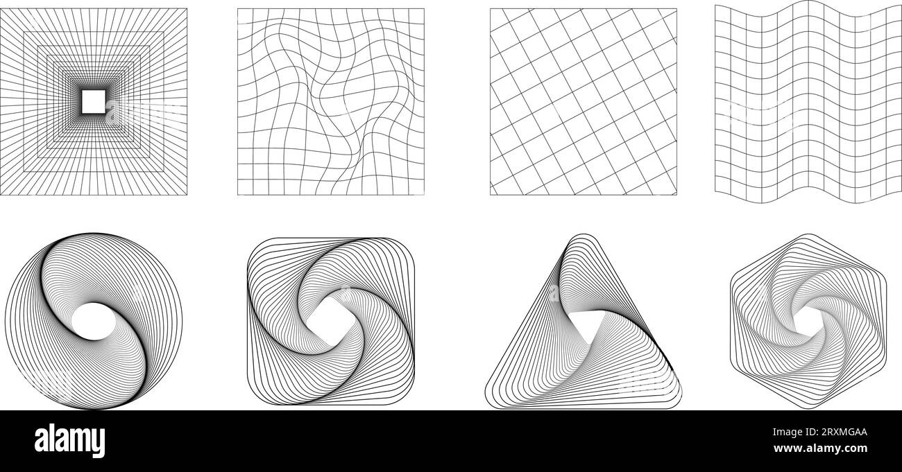 Set of abstract shapes and grids in black color. Trendy retro 1980s ...