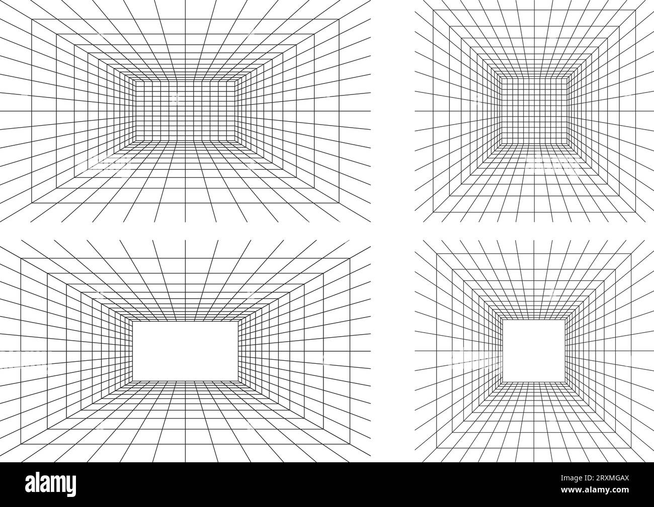 Set of Grid room in perspective in 3d style. Indoor wireframe from ...