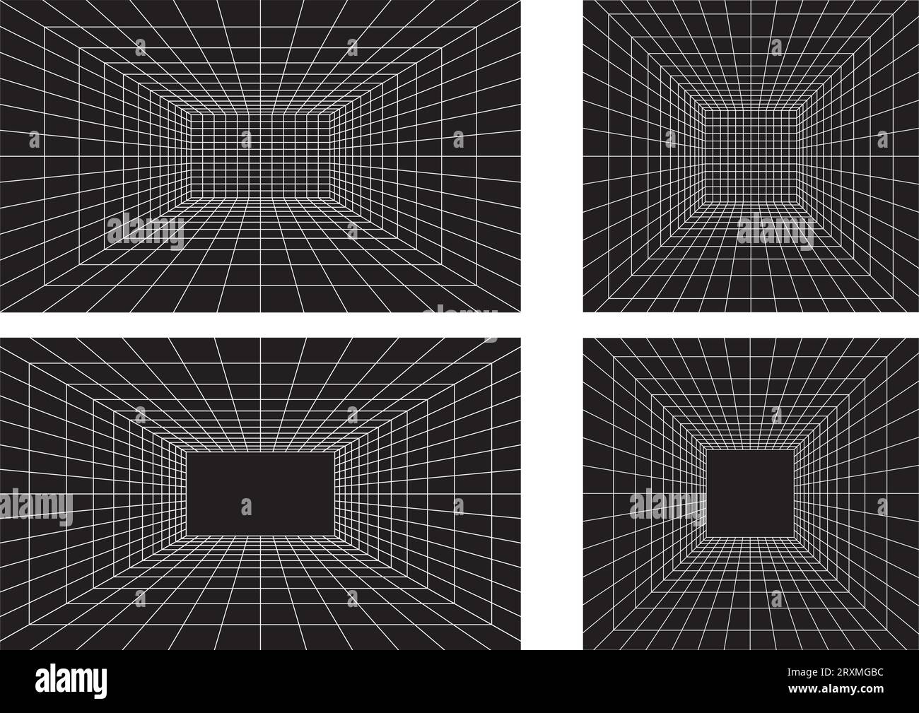 Set of Grid room in perspective in 3d style. Indoor wireframe from ...