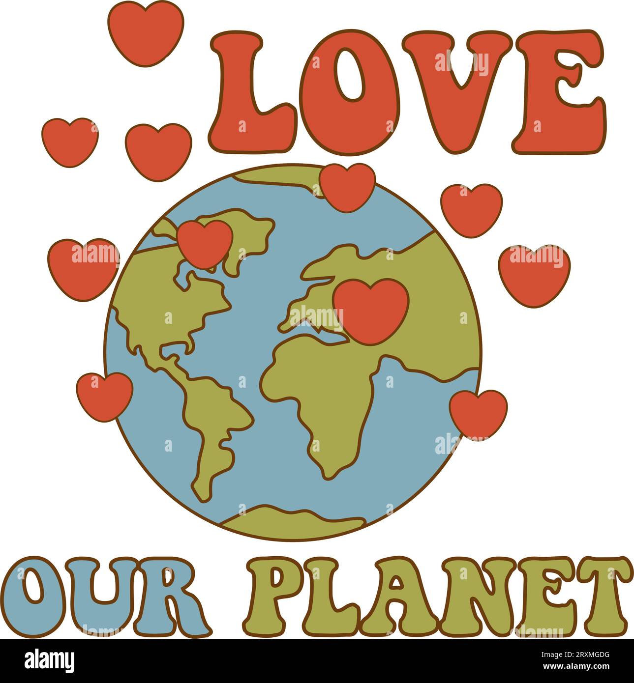 Retro Earth globe cartoon character and Love Our Planet inscription ...