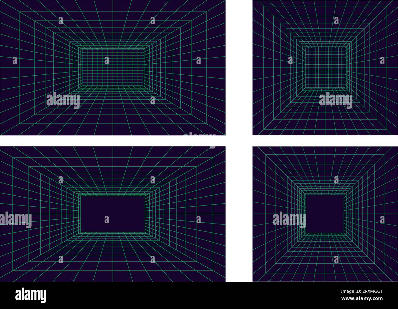 Set of Grid room in perspective in 3d style. Indoor wireframe from ...
