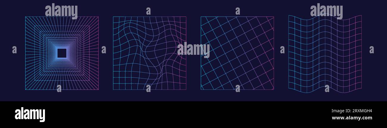 Set of distorted wireframe grid in neon color. Retrowave, synthwave ...