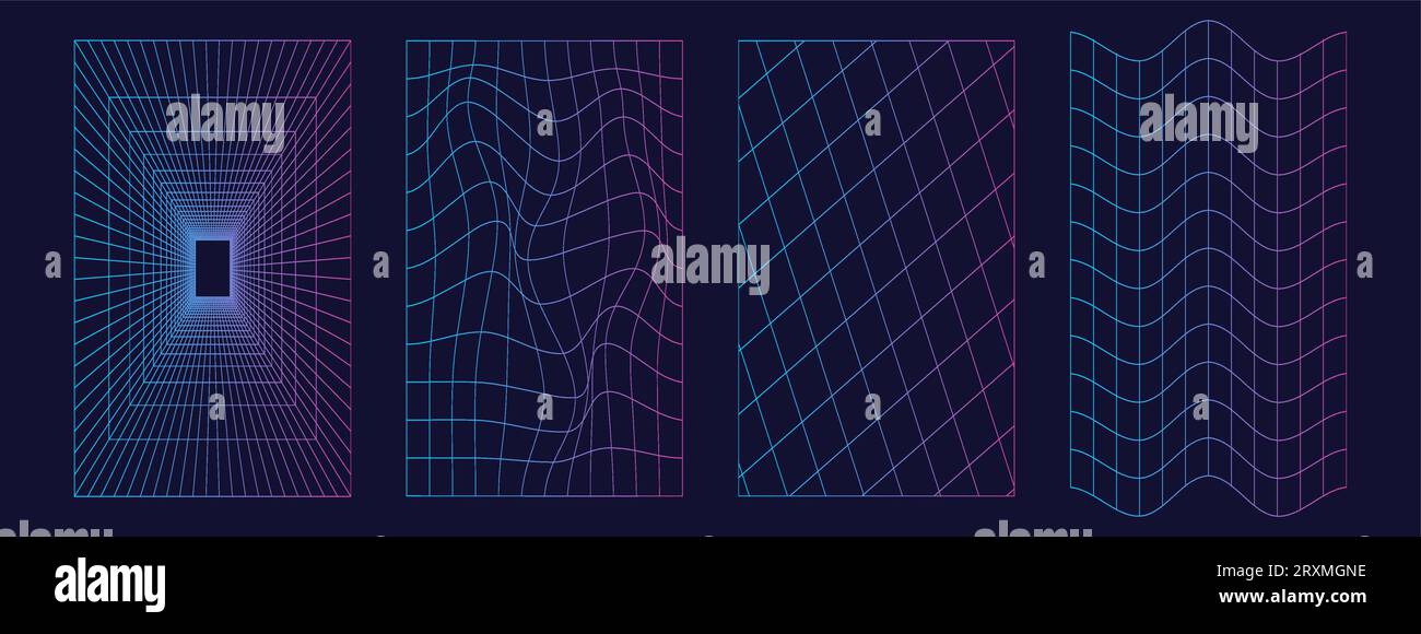 Set of distorted wireframe grid in neon color. Retrowave, synthwave ...