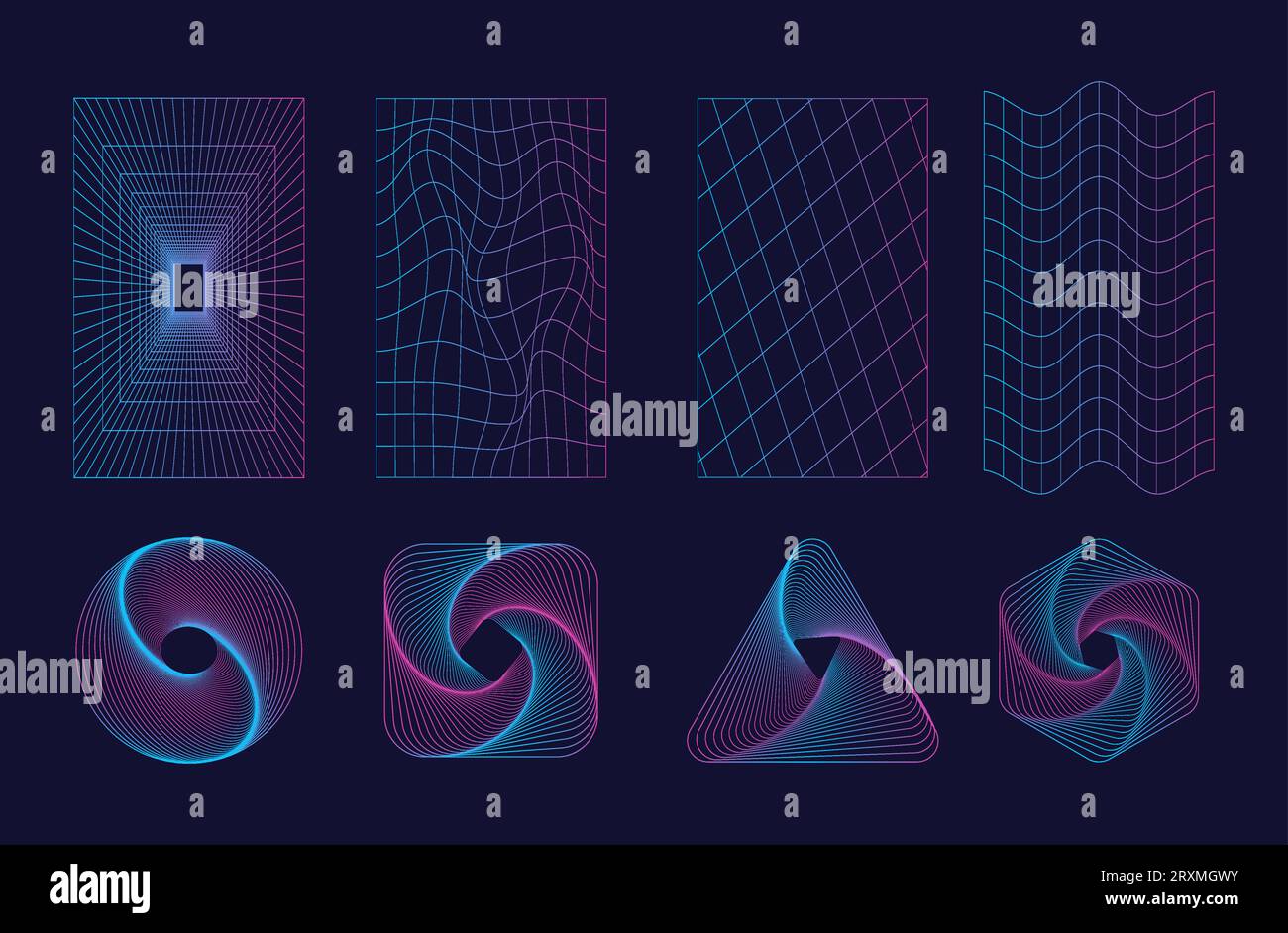Set of abstract shapes and grids in trendy neon color. Trendy retro ...