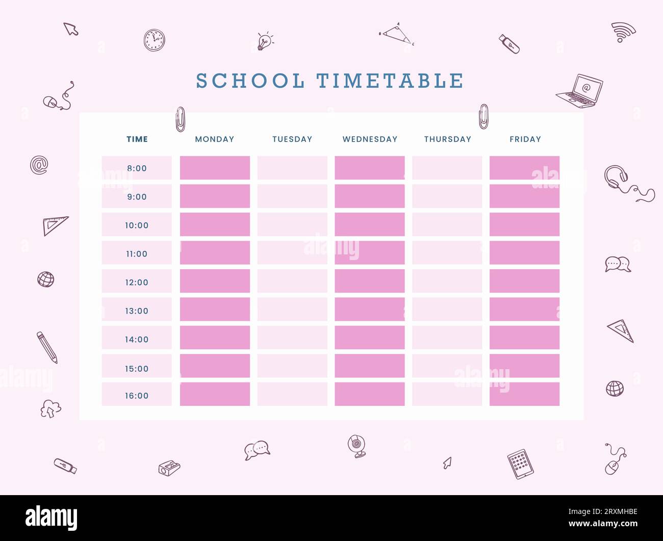 School timetable.Weekly planner template with school objects and ...