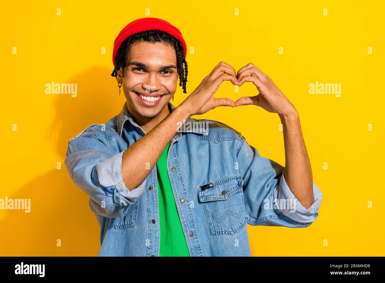 Photo of funky positive kind man wear trendy clothes two arms ...