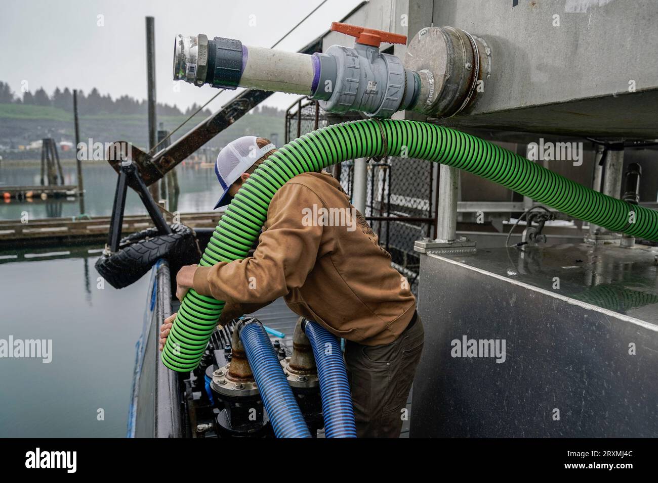 Lane Bolich, captain of the Harmony, reattaches a new hose for the boat ...