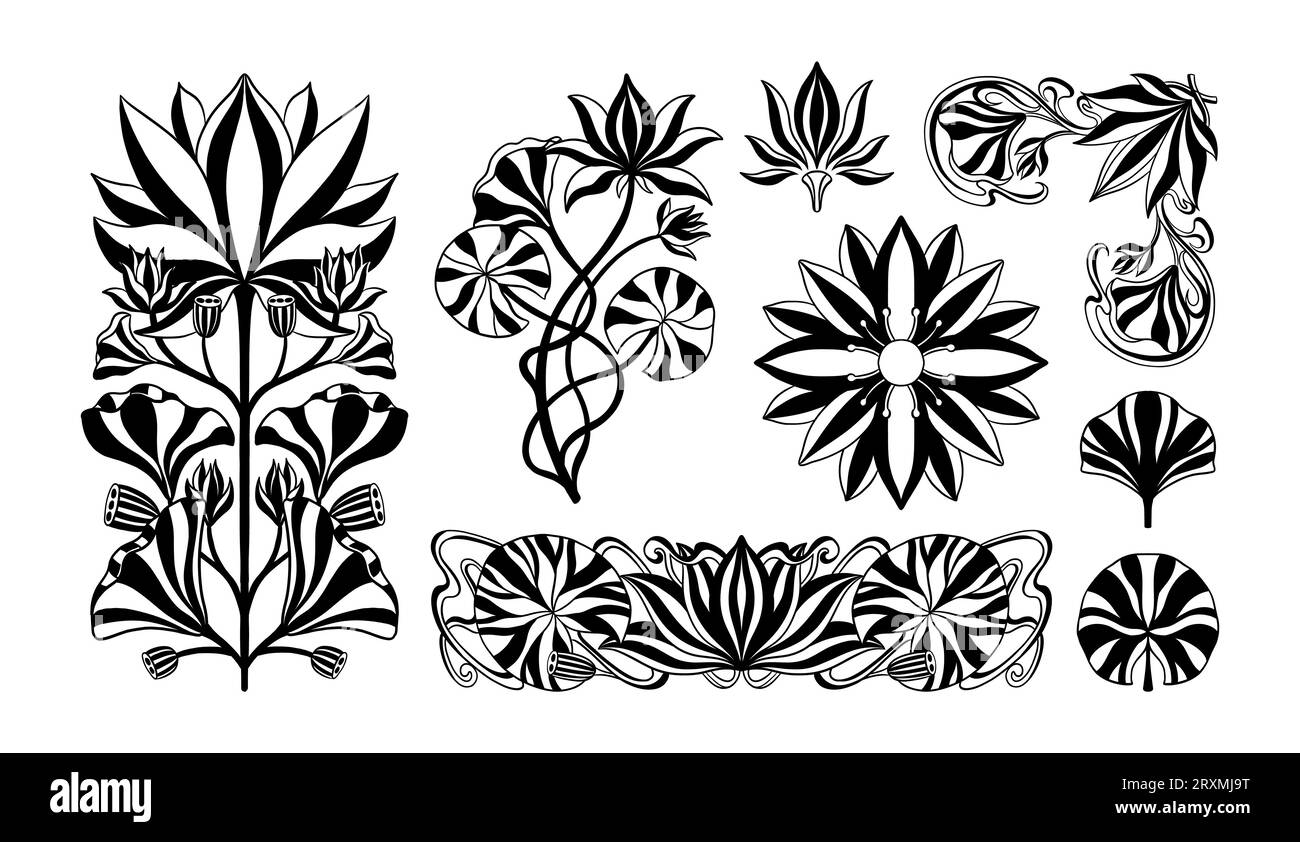 Floral lotus plant in art nouveau 1920-1930. Hand drawn in a linear ...
