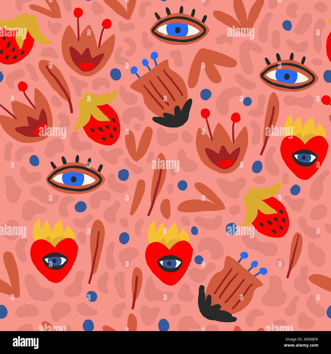 Funky heart with flame and one eye, Valentines day seamless pattern ...