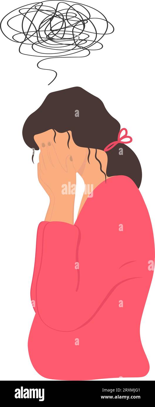 Young famale is surrounded by stream of thoughts, closing face with ...