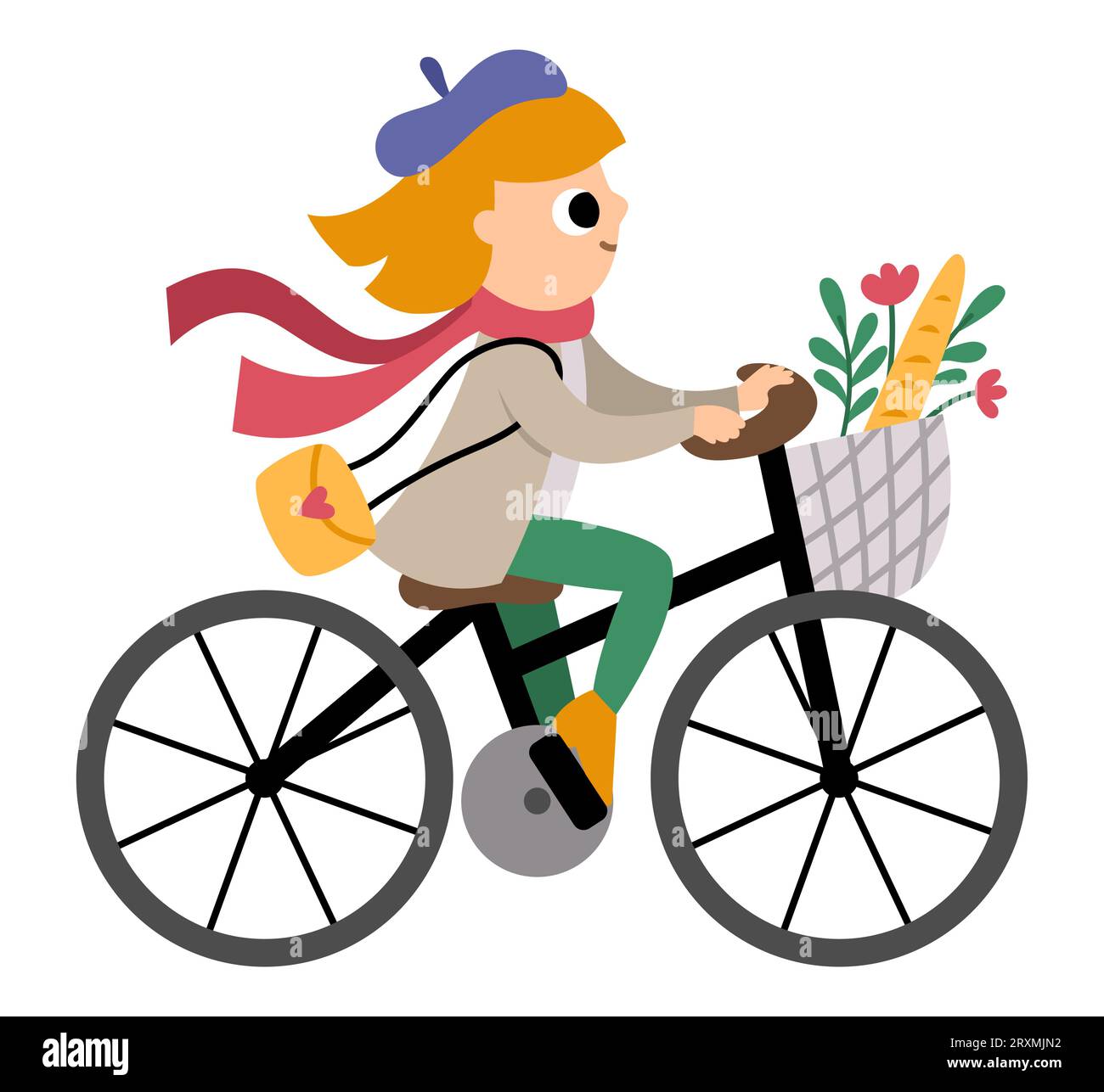 Girl in beret and scarf riding bike with basket with flowers and ...