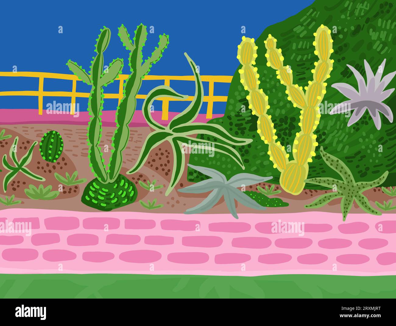 Illustration of beautiful cactuses and succulents landscape. Tropical ...
