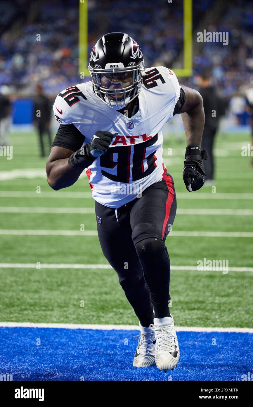 Atlanta Falcons defensive end Zach Harrison (96) warms up against the ...