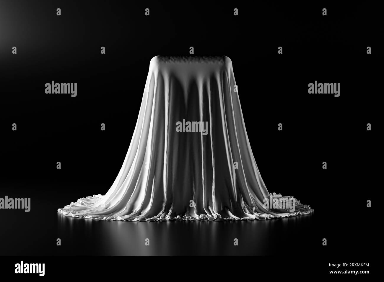 Mysterious square object covered by white cloth. 3d illustration of ...