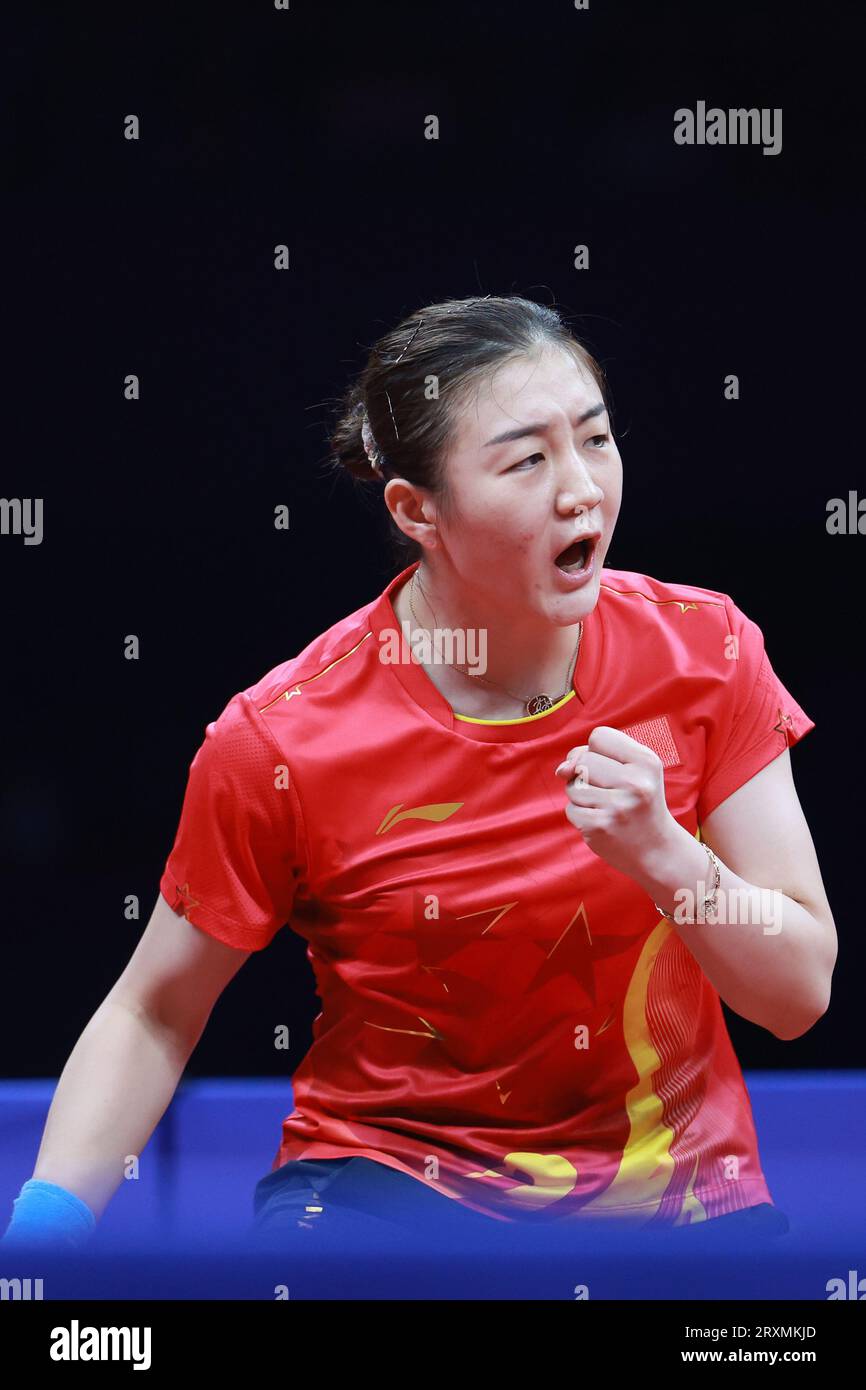 Hangzhou, China's Zhejiang Province. 26th Sep, 2023. Chen Meng of China reacts during the women ...