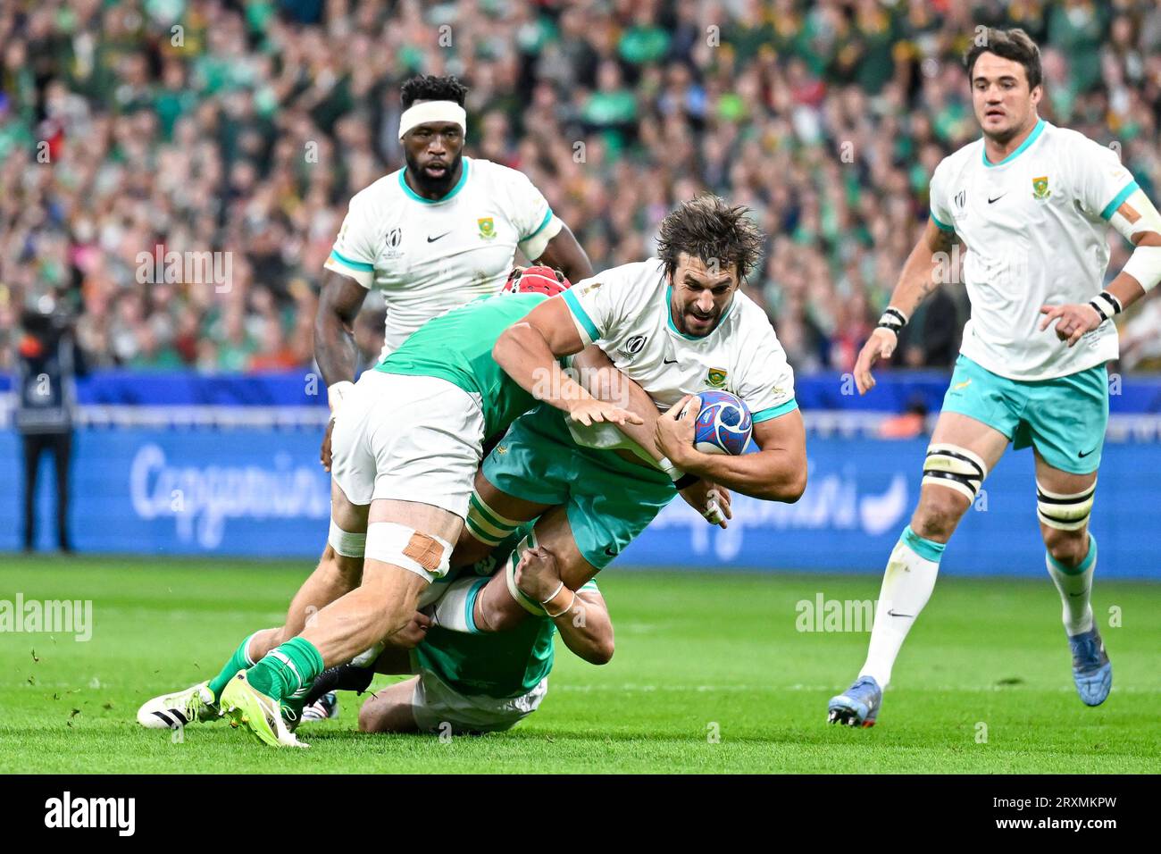 Eben Etzebeth and Siyamthanda Siya Kolisi during a tackle during the ...